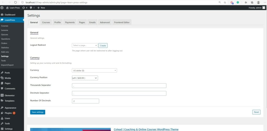 Admin Learnpress - docs.thimpress.com