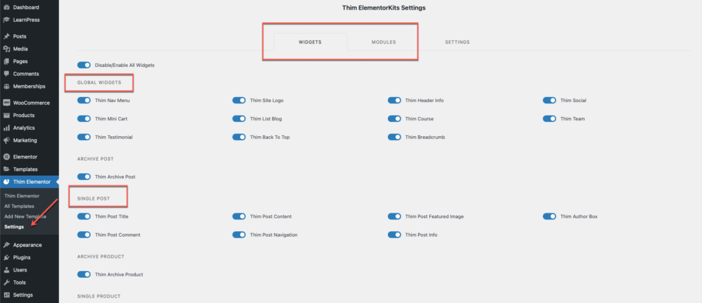 Settings - Thim Elementor Kit - ThimPress Docs
