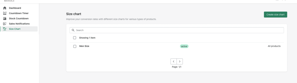 Size Chart - MaxSale App - ThimPress Docs