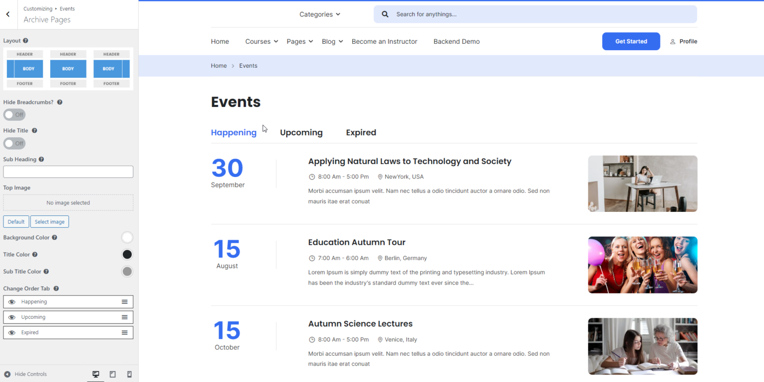 Events - Customize - ThimPress Docs